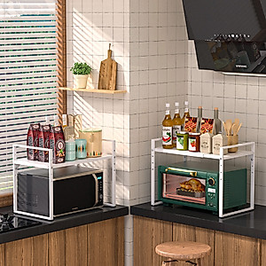 iPEGTOP Extendable Microwave Oven Rack, Adjustable Height Microwave/Toaster Shelf Heavy Duty Metal Pantry Shelf Space Riser Stand Organizer for Kitchen Counter Top Organization, White