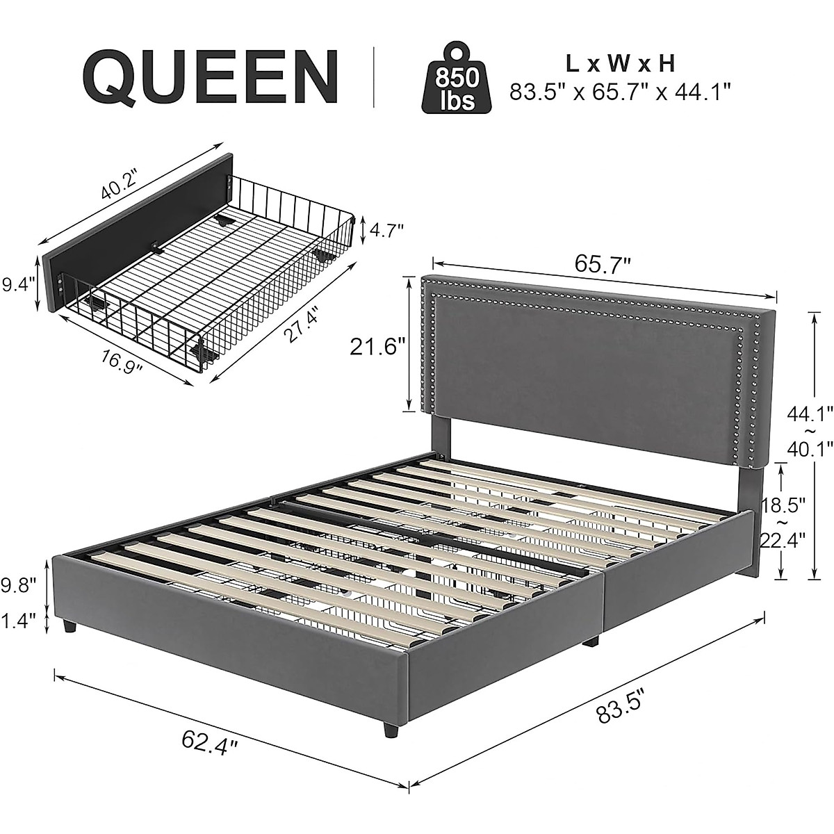 VECELO Queen Size Upholstered Platform Bed Frame with 4 Storage Drawers, Adjustable Velvet Rivets Headboard, Wooden Slats Support, No Box Spring Needed, Easy Assembly