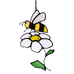 HAOSUM Bee Suncatcher Flower Stained Glass Window Hangings, Bee Decor Party Birthday Bee Gifts for Women,Bee Lovers, Housewarming Gifts.