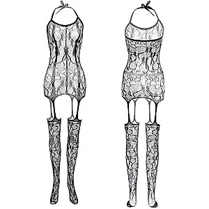 DMLBC Women Fishnet Bodysuits,Floral Lace Lingerie,Women's Sexy Mesh Babydoll,Bodysuit Dress,One Piece Babydoll One Size Black