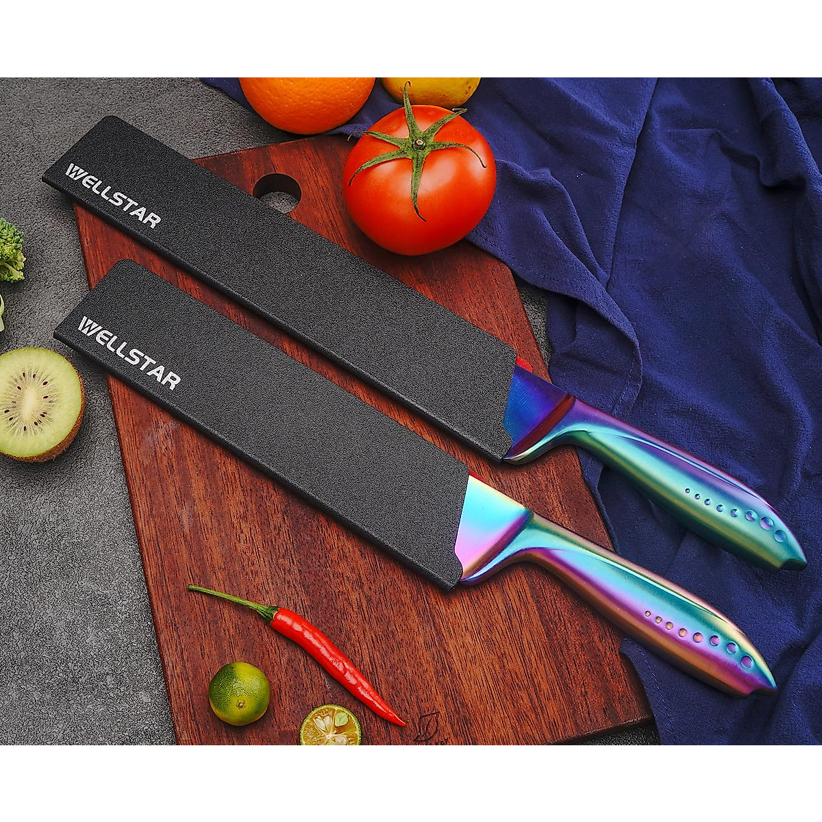WELLSTAR Knife Edge Guards Set, 2 Piece Universal Blade Covers, BPA Free ABS Protective Blade Sheaths, Non-Scratch Felt Lining Kitchen Knives Covers (Knives not included)