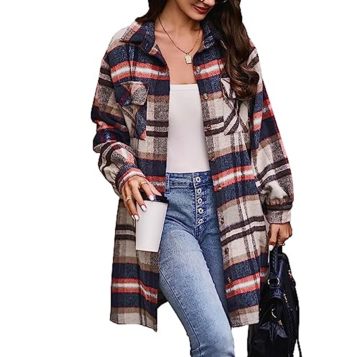 BTFBM Women's Corduroy Shacket Jacket Shirts Lapel Long Sleeve Oversized 2023 Fall Winter Button Down Shirt Dress Pocket(Plaid Khaki, Medium)