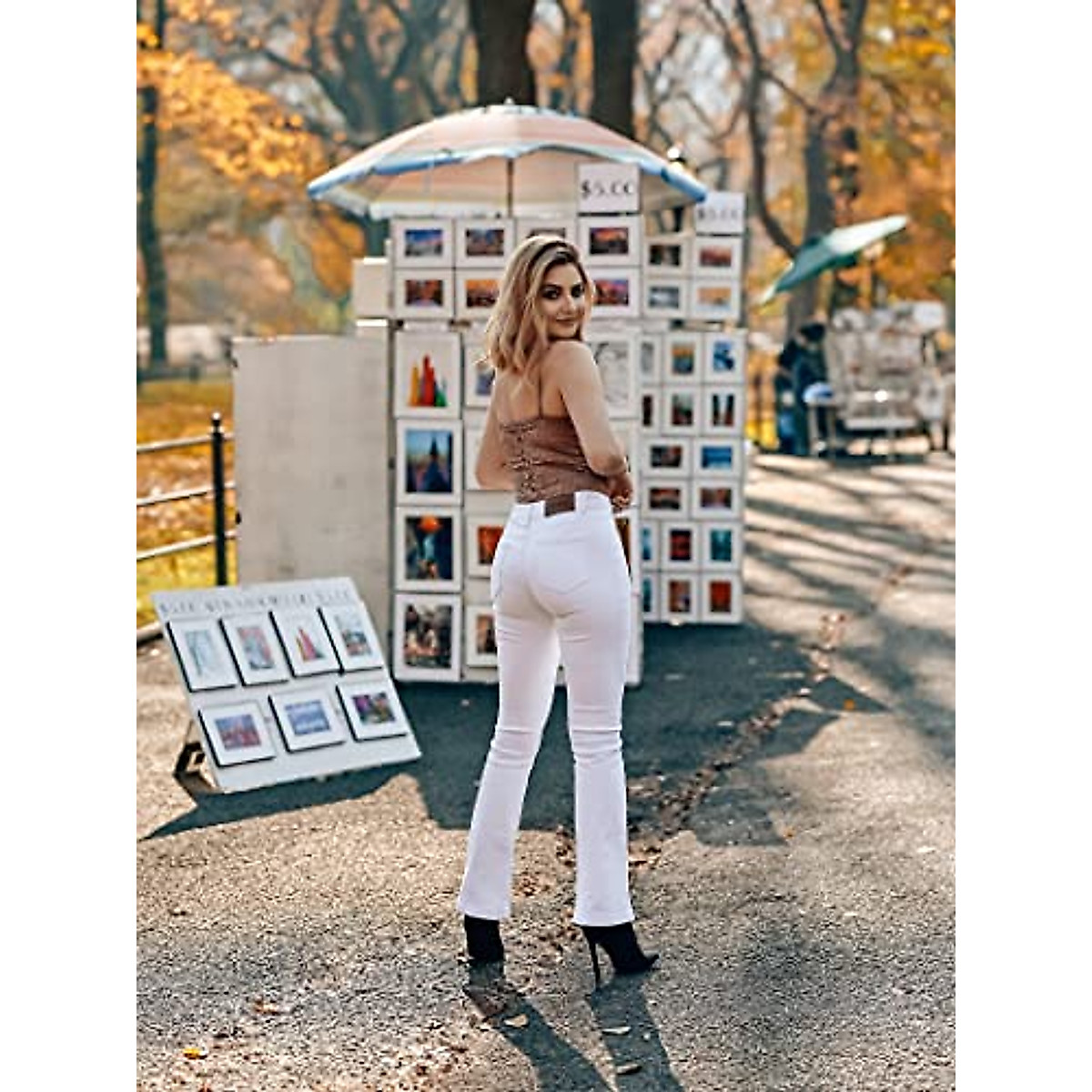 roswear Womens Mid Waist Bell Bottom Stretchy Flare Jeans Pants White X-Large