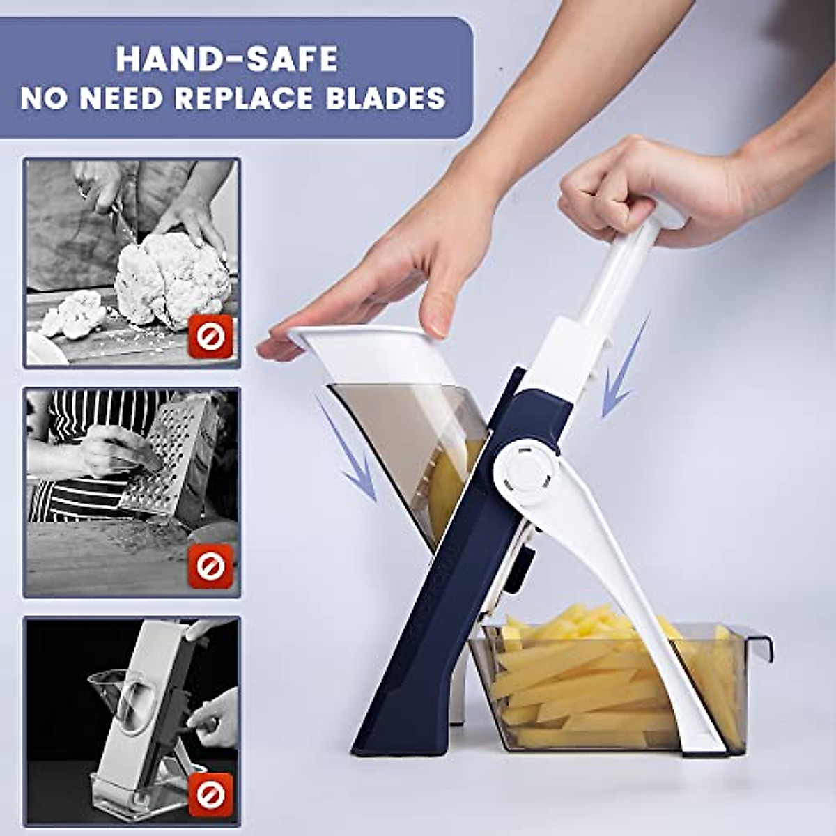 SupMaKin Safe Mandoline Slicer, Upright Vegetable Slice Potatoes Cutter Chopper, Julienne + Dicer, Thickness Adjuster for Kitchen Fast Meal Prep - Blue