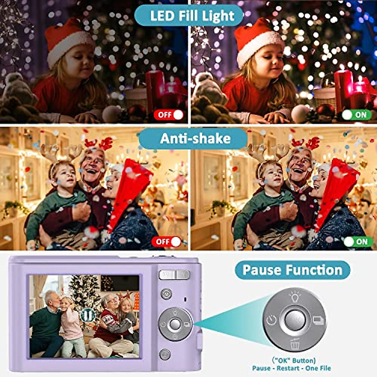 Digital Camera, FHD 1080P 36MP Video Camera Rechargeable Kids Camera with 16X Digital Zoom & 2 Batteries, Compact Point and Shoot Portable Small Camera for Teens Students