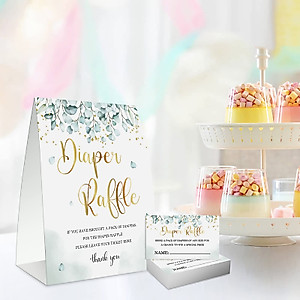 WideIdeal 51Pcs Diaper Raffle Game Sign and Cards, Baby Shower Eucalyptus Diaper Raffle Ticket Party Decorations Game Kit (1 Sign + 50 Cards) WI02