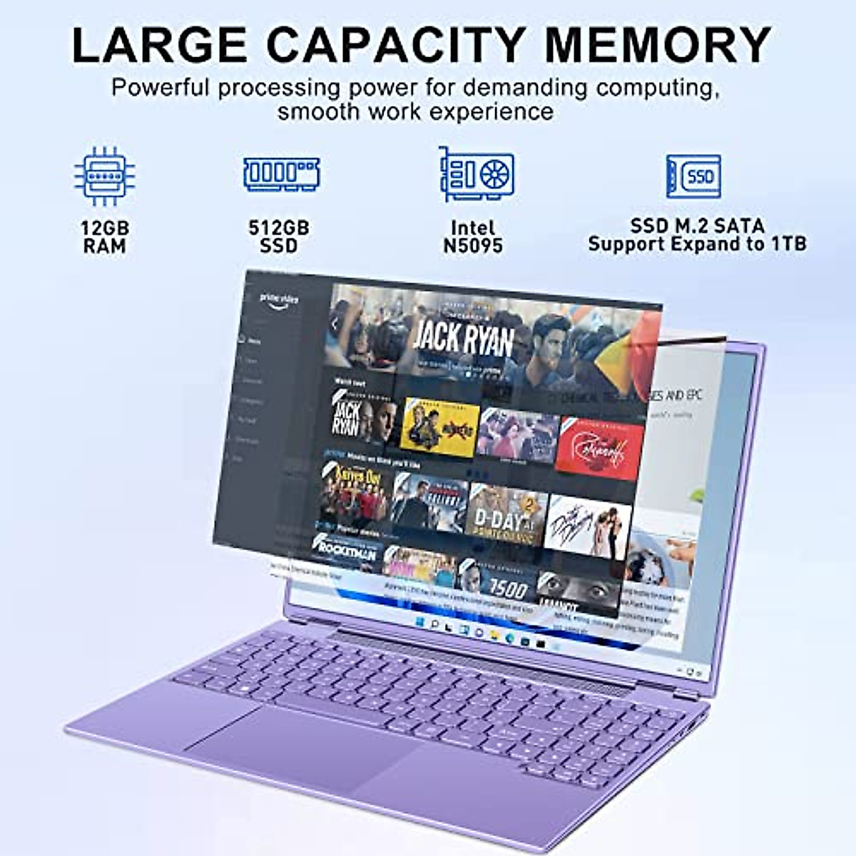 Ruzava/Aocwei 16" Laptop 12+512GB Celeron Intel N5095 (Up to 2.9Ghz) 4-Core Win 11 PC with Cooling Fan 1920 * 1200 2K Screen Dual WiFi Support 2.5" HDD 1TB SSD Expand for Game Work Study-Purple