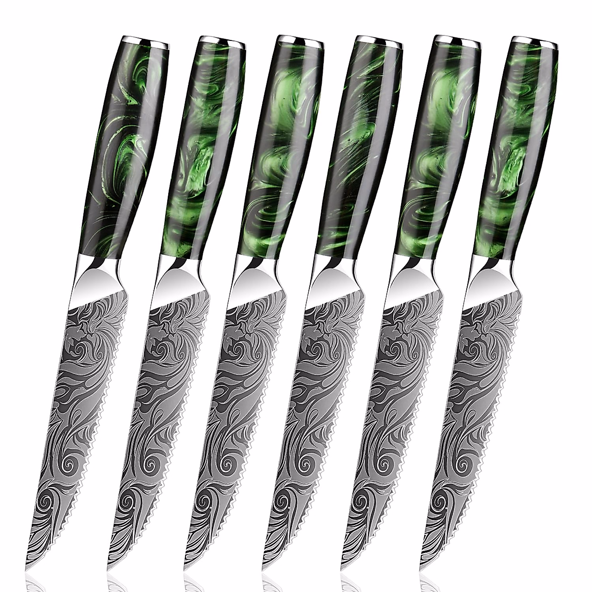 XT XITUO Serrated Steak Knife Set w/Beautiful Engraved Pattern - 6PC Premium 4.5 inch Steak Knives, German Steel Knife Table Dinner Knife w/Emerald Green Resin Handle for Home Restaurant