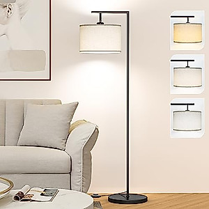 CNXIN Floor Lamp for Living Room with 3 Color Temperatures Standing Lamp with Adjustable Linen lampshade Tall Lamps for Bedroom Office Classroom Dorm Room, 9W LED Bulb Included, Black