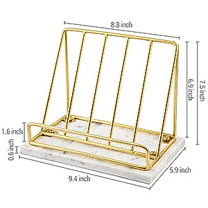 MyGift Modern Brass Metal Wire and White Marble Kitchen Cookbook Stand - Countertop Recipe Book and Tablet Holder - Handcrafted in India
