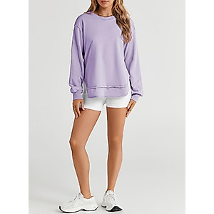 EVALESS Sweatshirt for Women Casual Long Sleeve Shirts Cute Lightweight Comfort Colors Crewneck Cotton Sweatshirts Loose Fit Side Split Pullover Tunic Tops 2025 Fall Fashion Clothes Purple Medium