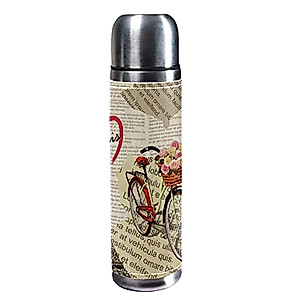 sdfsdfsd 17 oz Vacuum Insulated Stainless Steel Water Bottle Sports Coffee Travel Mug Flask Genuine Leather Wrapped BPA Free, Paris Vintage Newspaper Background