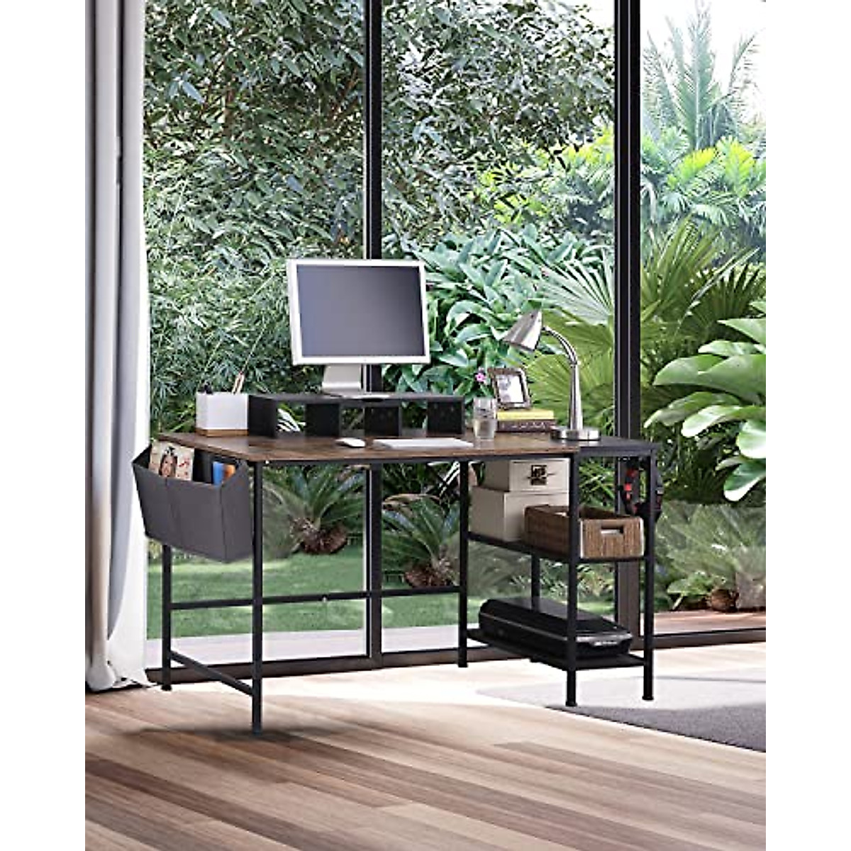 Ohuhu 55 Inch Large Computer Desk with Storage Shelves, 2-Tier Industrial Home Office Writing Study Desks with Monitor Stand Storage Bag and Hooks Laptop Work Table for Gaming Bedroom Living Room