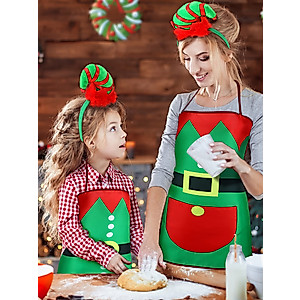 SATINIOR 4 Pieces Christmas Elf Apron and Santa Elf Hat Headbands Cute Kitchen Cooking Aprons Christmas Costume Accessories for Fancy Dress Party Thanksgiving Day Multicolor