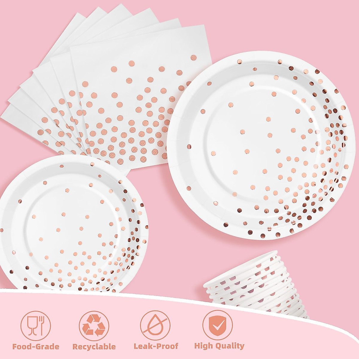 Gudvilla 200PCS Rose Gold Plates and Napkins Party Supplies,Rose Gold Party Decorations Serve 50 Guests,Gold Polka Dots Paper Plates for Retirement Wedding Decorations-Rose Gold Birthday Plates