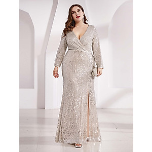 Ever-Pretty Women's Deep V-Neck Front Wrap High Thigh Slit Sequin Dress Plus Size Champagne US16