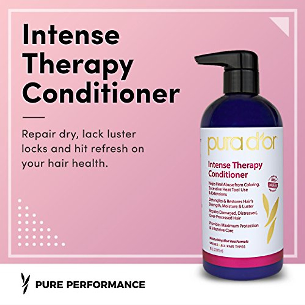 PURA D'OR Intense Therapy Conditioner (16oz) Repairs Damaged, Distressed, Over-Processed Hair, Infused with Select Natural Ingredients, Sulfate Free, All Hair Types, Men & Women
