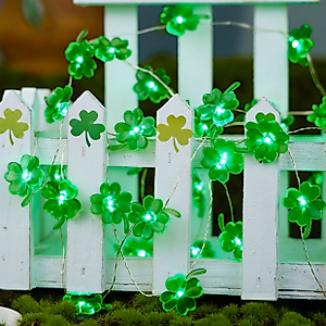 BOHON Decorative Lights Shamrocks LED String Lights Battery Operated with Remote 10 ft 40 LEDs Lucky Clover Handmade String Lights for Bedroom Party Feast of St. Patrick's Day Green Decoration