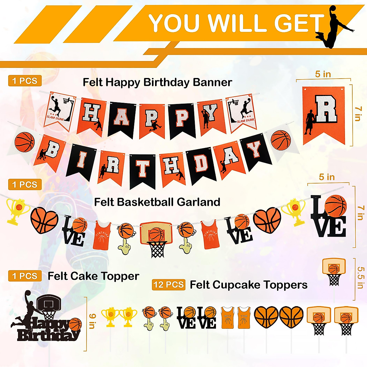 Basketball Party Decorations, Basketball Party Supplies Basketball Birthday Banner Cake Toppers Basketball Foil Balloons Basketball Birthday Decorations for Kids Teenagers Boys Girls (Basketball-01)
