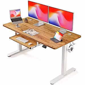 FEZIBO Standing Desk with Keyboard Tray, 55 × 24 Inches Electric Height Adjustable Desk, Sit Stand Up Desk, Computer Office Desk, Light Rustic
