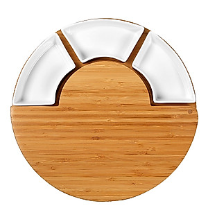 Vaiyer Charcuterie Cheese Cutting Board Set with 13 Inch Round Cheese Board with 3 Knives, 3 Ceramic Bowls with 2 Slate Labels and Chalk Marker, Serving Platter Meat, Housewarming Gift