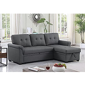 Lilola Home Lucca Performance Artificial Leather L-Shaped Pull-Out Sleeper Sofa Sectional with Reversible Storage Chaise and Solid Wood Frame, Gray