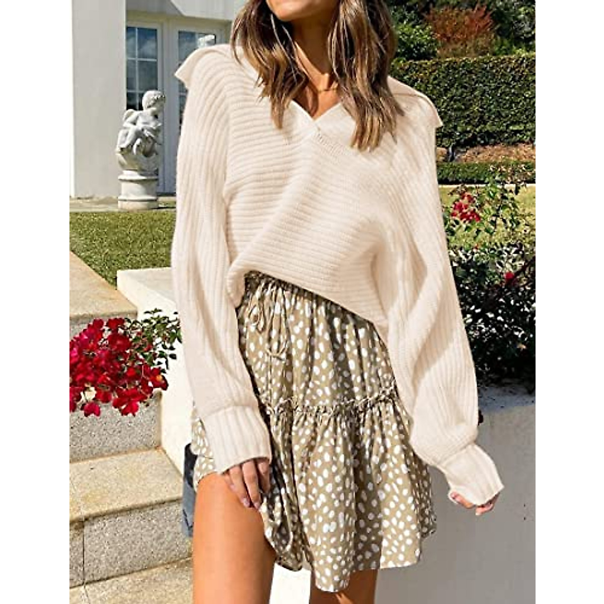 ZESICA Women's 2023 Fall Lapel Collar V Neck Long Sleeve Ribbed Knit Comfy Loose Casual Pullover Sweater Jumper Top,Beige,Medium