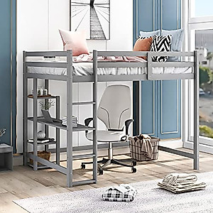 GLORHOME Full Size Wood High Loft Bed with Built in Side Desk, Shelves and Safety Guard Rails, Space Saving Bedroom Furniture for Kids Teens Adults, Grey