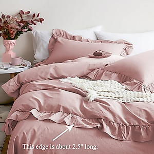 Omelas Blush Pink Ruffled Duvet Cover Set Twin Size Vintage Ruffle Fringe Comforter Cover Solid Color Farmhouse Rustic Single Bedding Soft Microfiber,Zipper Closure,1 Sham (Mauve Pink, Twin)