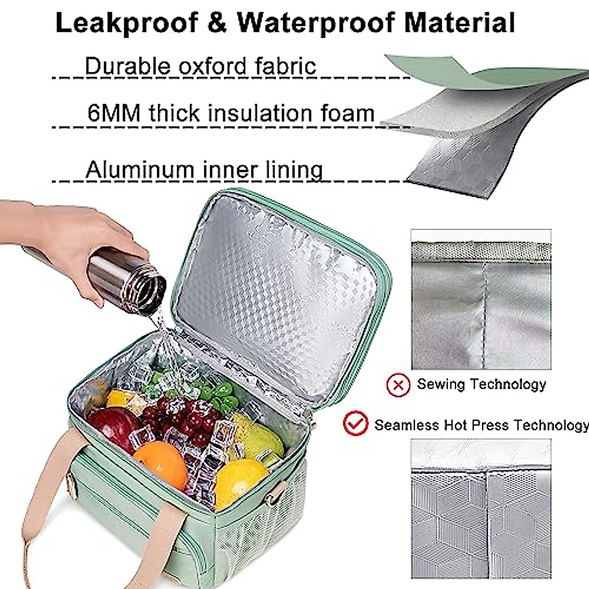 Weitars Insulated Lunch Box for Women Men-Dual Compartment Waterproof Reusable Large Lunch Bag for Women Wide-Open Tote Cooler Bag For Working Picnic Hiking (15L) (Green)