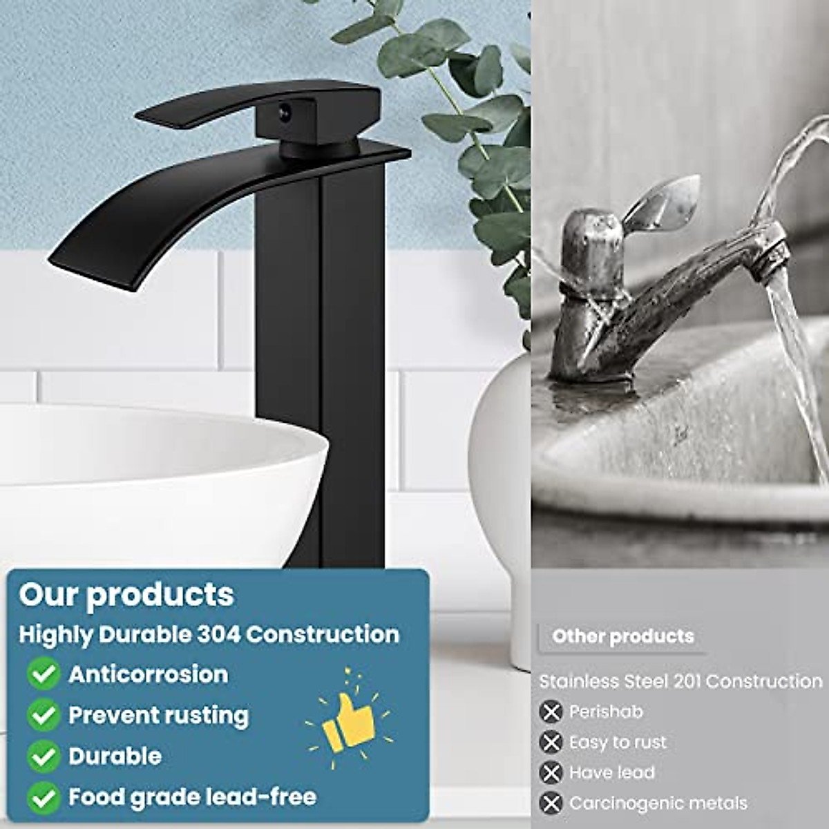 Vessel Sink Faucet Waterfall Spout Deck Mount Bathroom Matte Black Stainless Steel 304 Bowl Basin One Hole One Handle Mixer Tap with Pop Up Drain