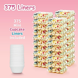 (12 Pack x 30 Sets) Gencywe Mini Cupcake Containers with 375 Pack Cupcake Liners, Plastic Cupcake Holder with High Dome, Stackable Mini Cupcake Boxes Carrier, Clear Disposable Cupcake Trays -MINI SIZE