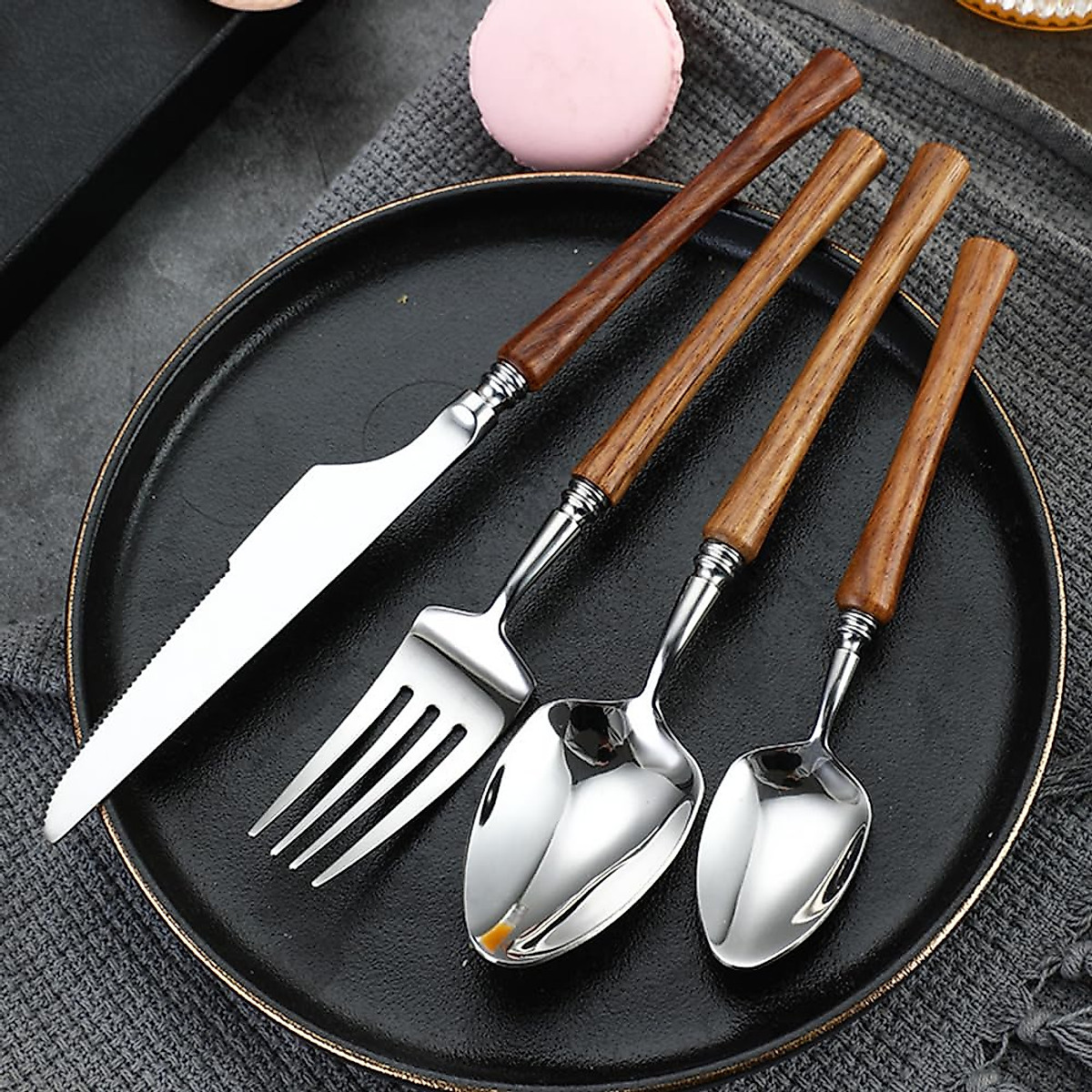 Aimilan 20 Piece Silverware Set for 4, 18/10 Stainless Steel Rosewood Wooden Handle Flatware Cutlery Set for Home Kitchen Restaurant, Mirror Finish, Dishwasher Safe (20-Piece for 4)