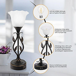 Touch Table Lamps for Bedroom, Bedside Lamps with USB Ports, 3-Way Dimmable Decorative Nightstand Lamp Rustic Leaf Torchiere Glass Flower Lamp for Living Room Dresser (Bulbs Included)