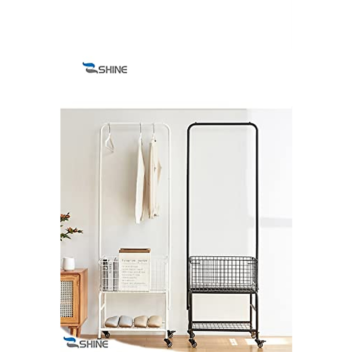 Movable laundry basket with hanger,laundry basket with wheels,Metal rack for garment hang,black color (black)