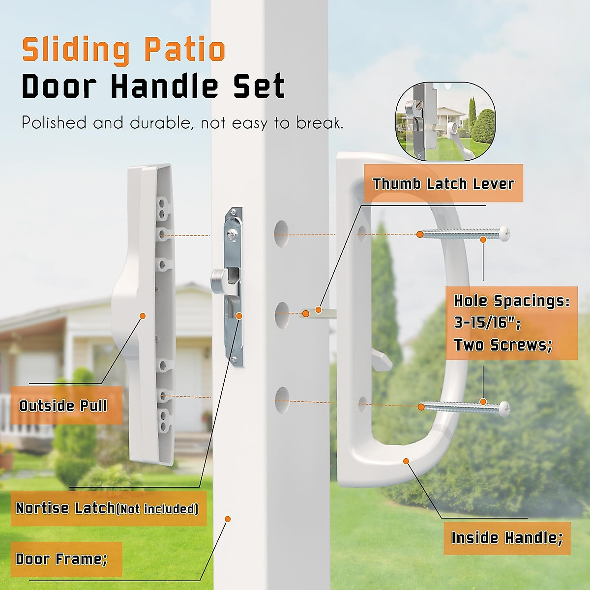 Sliding Door Handle, Non-Keyed Sliding Patio Door Handle Set with Latch for 3-15/16” Hole Spacing for Mortise Style Locks, Non-Handed, Sliding Glass Door Handles Replacement, White