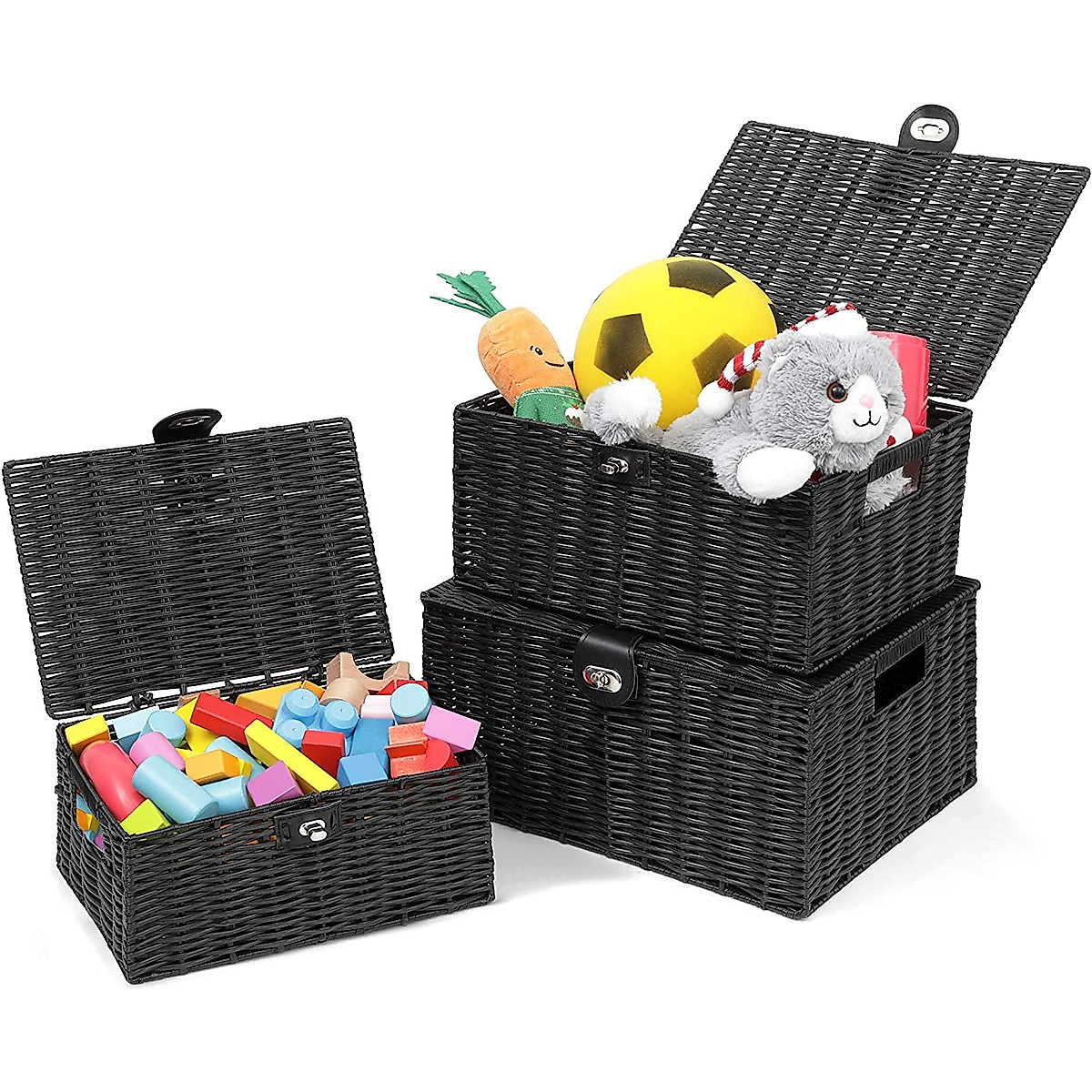 Honygebia Black Wicker Storage Baskets - Set of 3 Decorative Nesting Boxes with Lids, Woven Basket with Lock & Handle, Organizer for Beauty Makeup Bathroom Decor