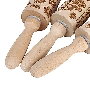 3Pcs Rolling Pin, Embossing Wooden Rolling Pin 3D Engraved Rolling Pin Cute Patterns Dough Roller (English Christmas tree + snowflake + pair of deer)