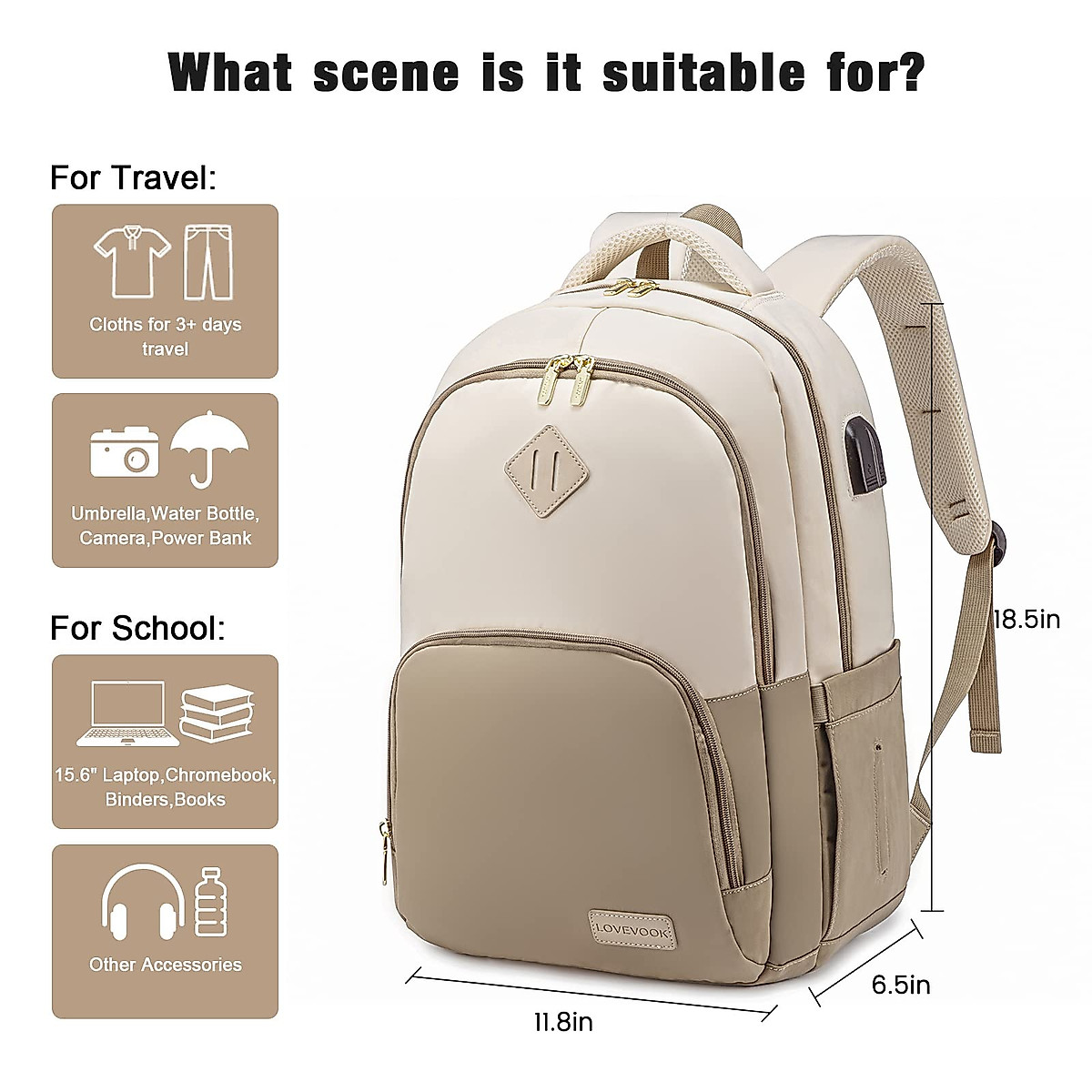 LOVEVOOK Classical Backpack for Women, School Bookbag with Laptop Compartment for College Work Travel, Water Resistant Daypack, Fit 15.6" Laptop