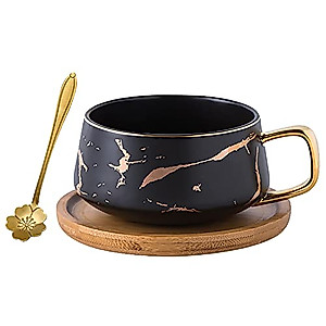 Jusalpha 10 oz Golden Hand Print Tea Cup And Saucer Set/Coffee Cup And Bamboo Saucer Set TCS19 (Black)