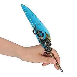 GLOGLOW Feather Pen Set, Vintage Calligraphy Quill Pen Set with 5 Nibs Stamp Pen Holder Letter Knife Spoon Empty Ink Bottle for Calligraphy Lovers Lake Blue