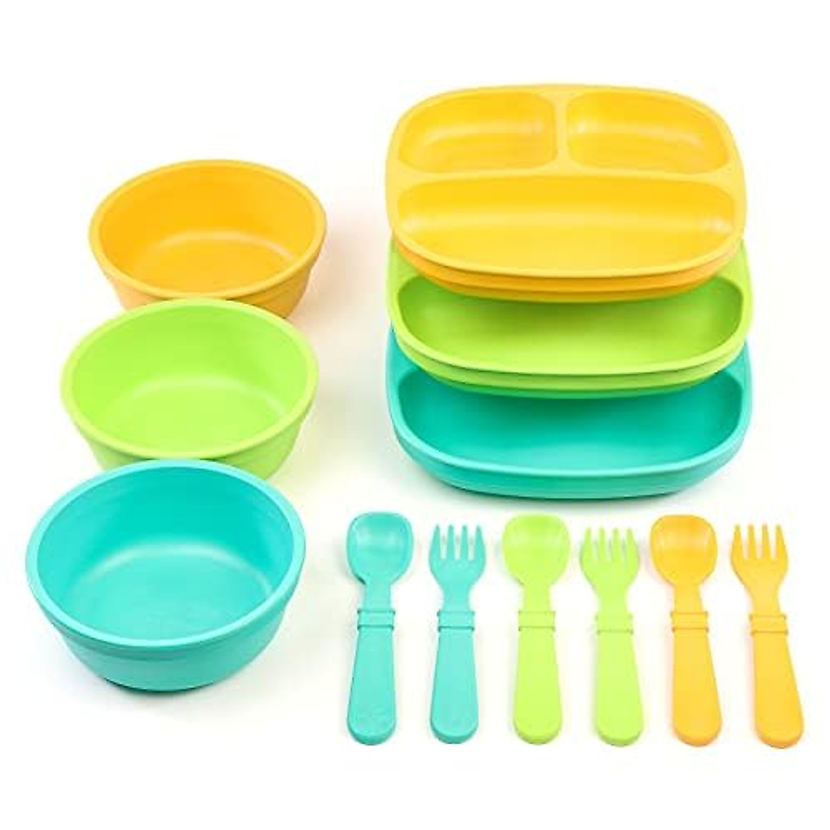 Re Play Made in USA - 3 Meals a Day Set - 3 Divided Plates, 3 Sets of Utensils - BPA Free, Made from Eco-Friendly Recycled Milk Jugs - Aqua Asst with 3 Wide Base Bowls