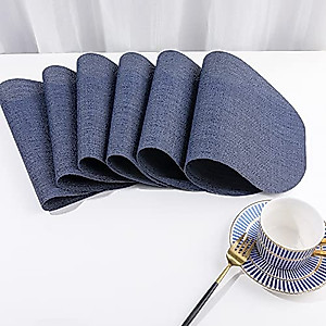 XINYUN Oval Place Mats Indoor Set of 6 Washable Navy Blue Kitchen Table Placemats Vinyl Woven Patio Table Mats Heat Resistant Non Slip Decorate for Outdoor Garden Picnic Beach Dining Table