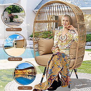 RADIATA Oversized Wicker Egg Chair w/ 5 Cushions 440lb Capacity Lounge Basket with Strong Heavy-Duty Steel Frame for Indoor Outdoor Patio Backyard Living Room (Beige)