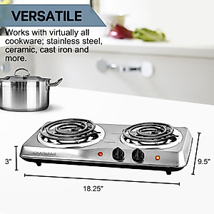 OVENTE Electric Countertop Double Burner, 1700W Cooktop with 6" and 5.75" Stainless Steel Coil Hot Plates, 5 Level Temperature Control, Indicator Lights and Easy to Clean Cooking Stove, Silver BGC102S