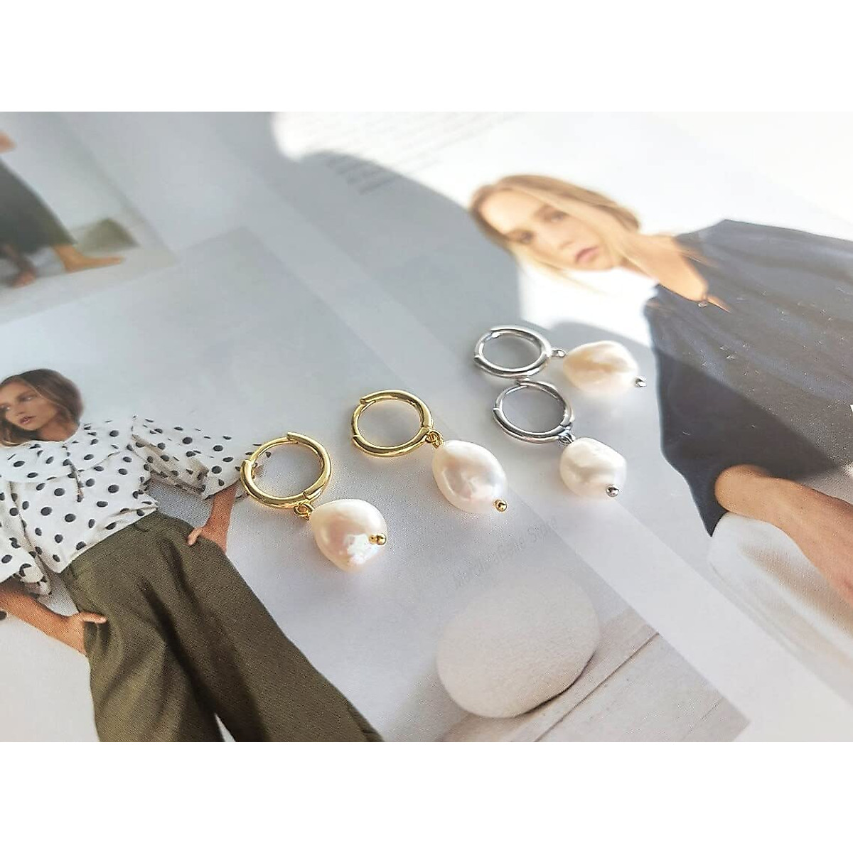 Small Pearl Huggie Hoop Earrings with Dangle for Women, Sterling Silver Drop Huggie Earring with Charm for Everyday