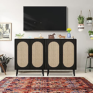 Sideboard Buffet Cabinet, Kitchen Storage Cabinet with Rattan Decorated Doors, 4 Doors Console Table Buffet Cabinets with Adjustable Shelves for Kitchen Dining Room Living Room Hallway(Black,2 Sets)