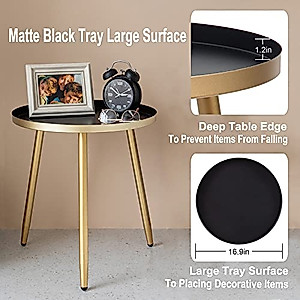 AOJEZOR Round End/Side Tables for Living Room, Bedrooms Narrow Night Stands Cute Pedestal Plant Stand for Balcony, Black Tray with 3 Legged Gold Coffee/ Accent Table