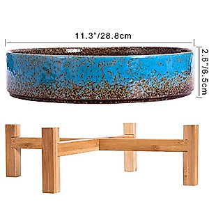 ARTKETTY Succulent Pots, 11 Inch Large Succulent Planters Pots with Drainage Ceramic Bonsai Pots with Bamboo Stand, Shallow Planters for Indoor/Outdoor Plants Modern Cactus Flower Plant Bowl (Blue)