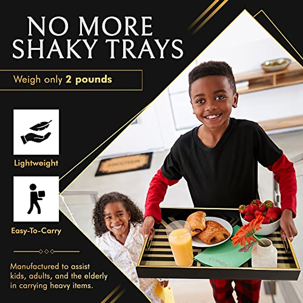 DIVERSITY TRADE Gold & Black Serving Tray w/ Handles – 17'' x 12'' Black Decorative Tray Large Ottoman TrayLiving Room Leak Proof Coffee Table Tray Glass Serving TrayOttoman Coffee Table (CX80225)